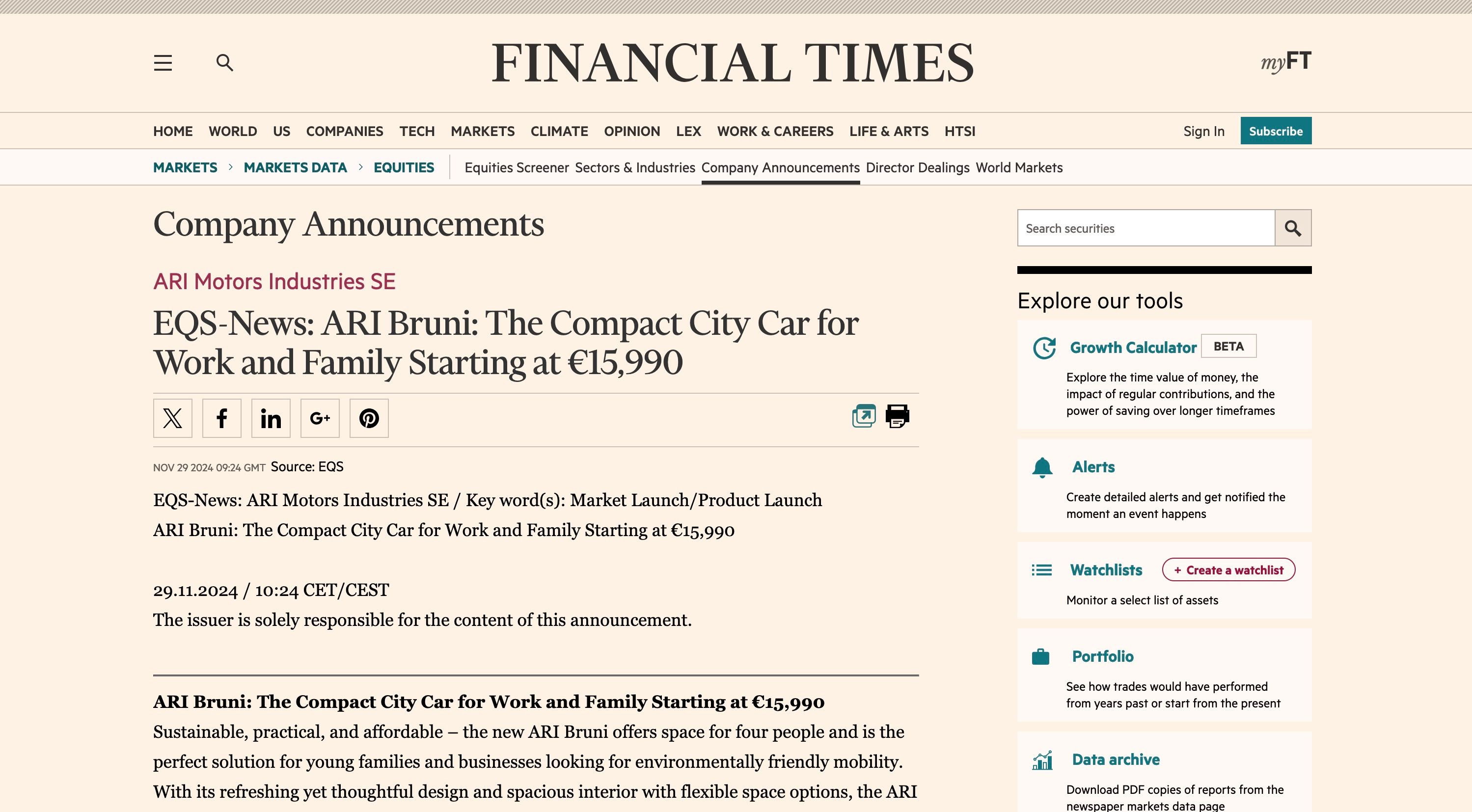 Die Financial Times über den Kleinwagen ARI Bruni